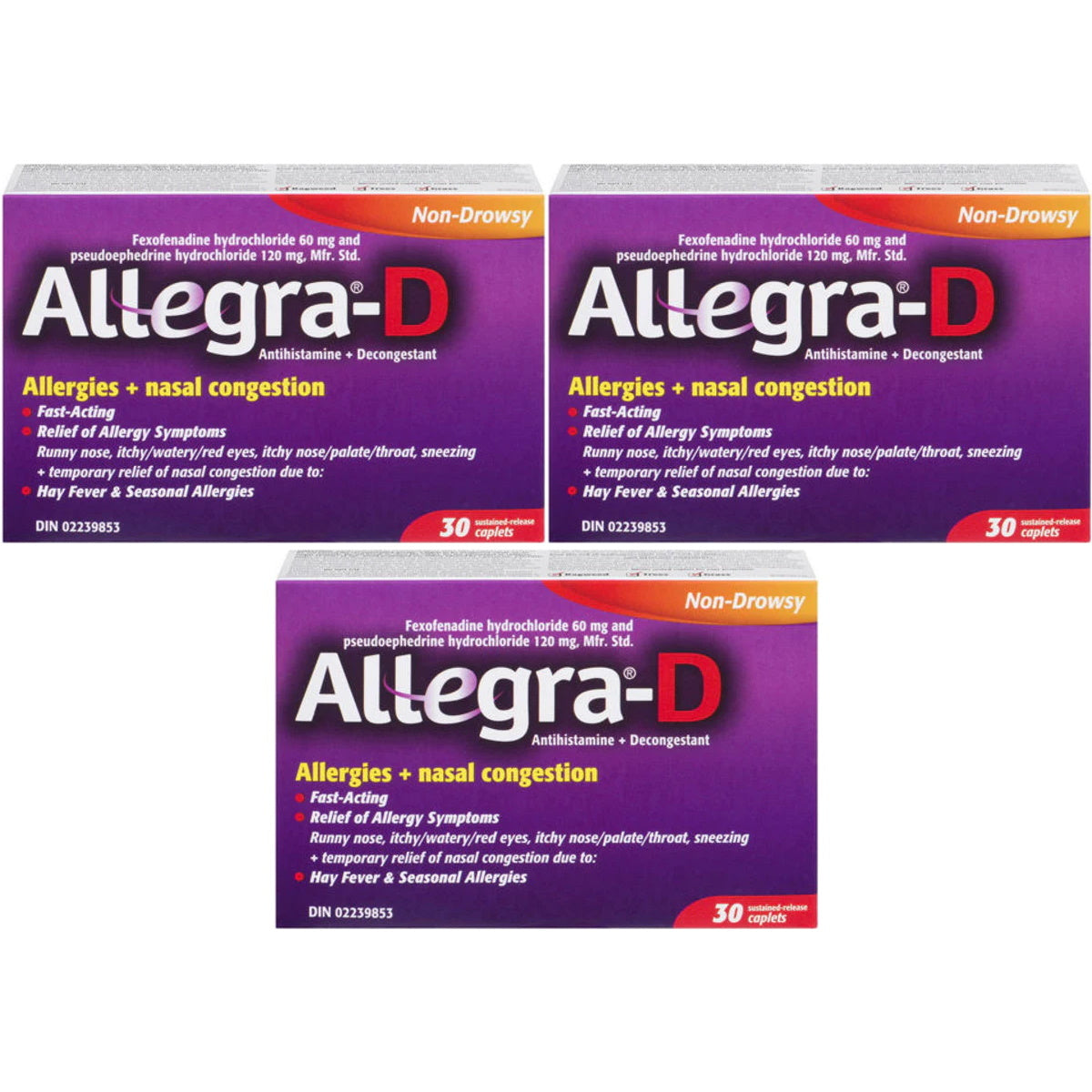 Allegra D 12 Hour Allergy Nasal Congestion Tablets - 3 Pack - 90 Caple ...